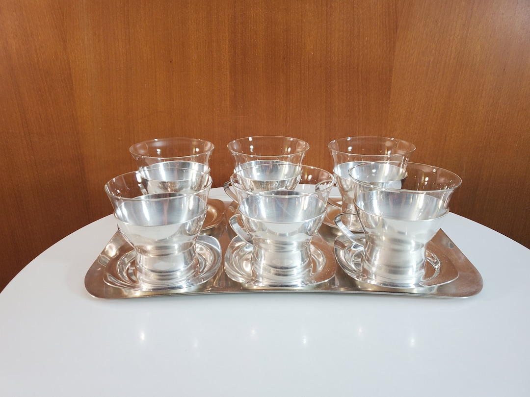 1930s Era Silver Plate Tea Cups and Tray by WMF, Germany - 6 Cups With ...