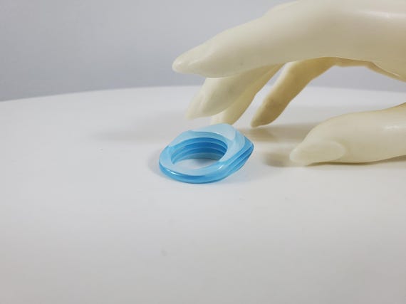 Vintage Laminated Acetate Ring - Blue and White Strip… - Gem