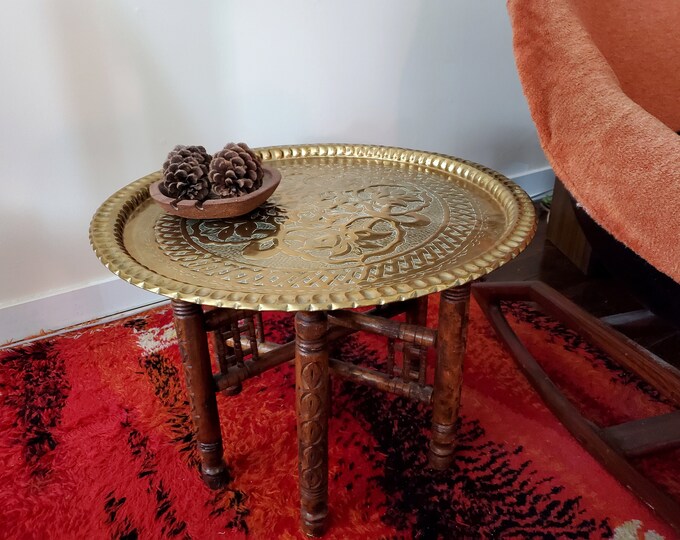Vintage Brass and Wood Moroccan Side Table - Folding Carved Wood Base - 23 Inch Diameter Top - Etsy