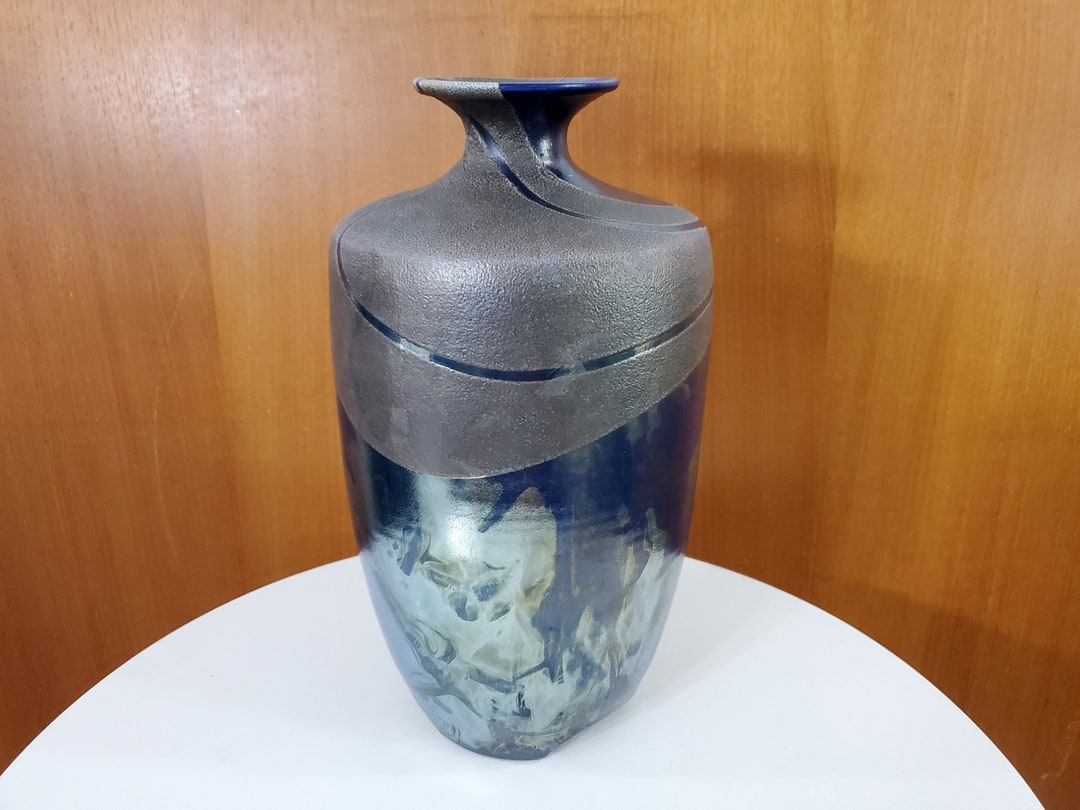 Vintage John Charnetski Raku Pottery Vase - Textured Lines - Blue and ...