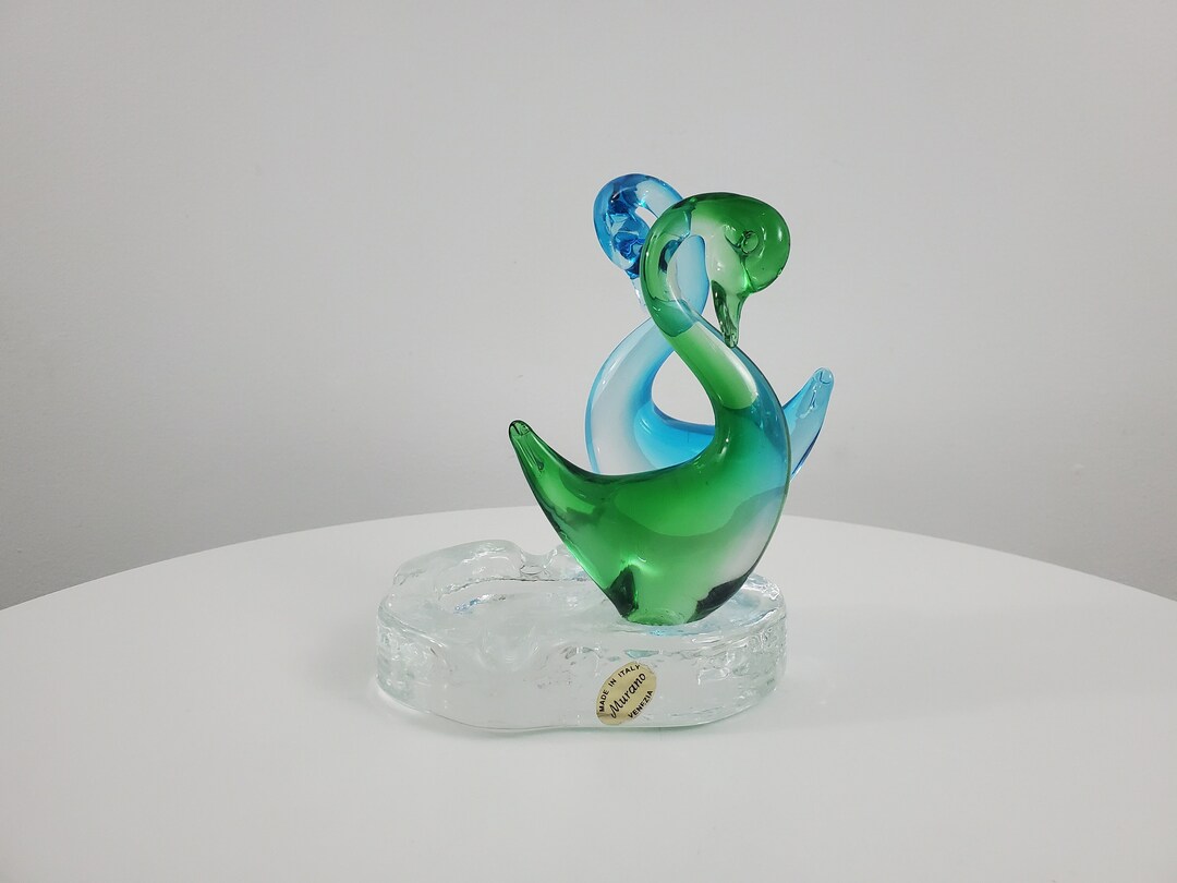 Twin Swan Glass Ashtray - Blue and Green Glass Swans With Gold Oval ...