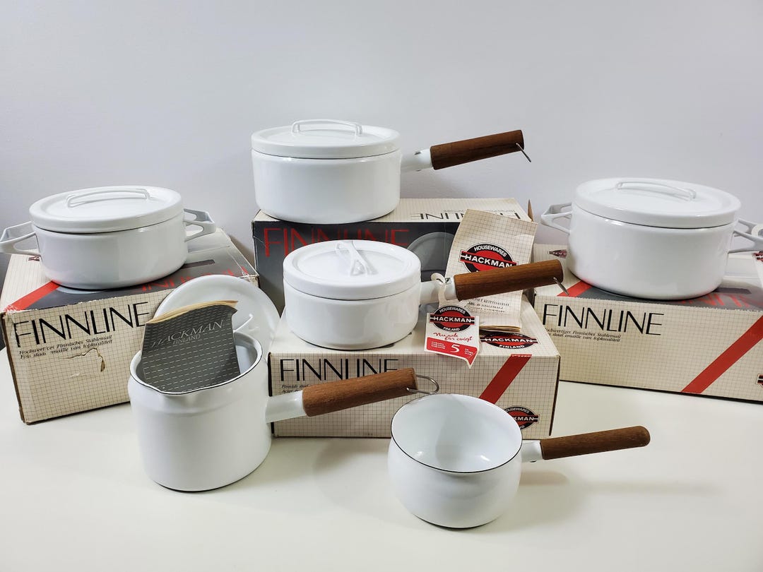 11 Piece Set of Hackman Finnline Steel Enamel and Teak Cookware - *most ...