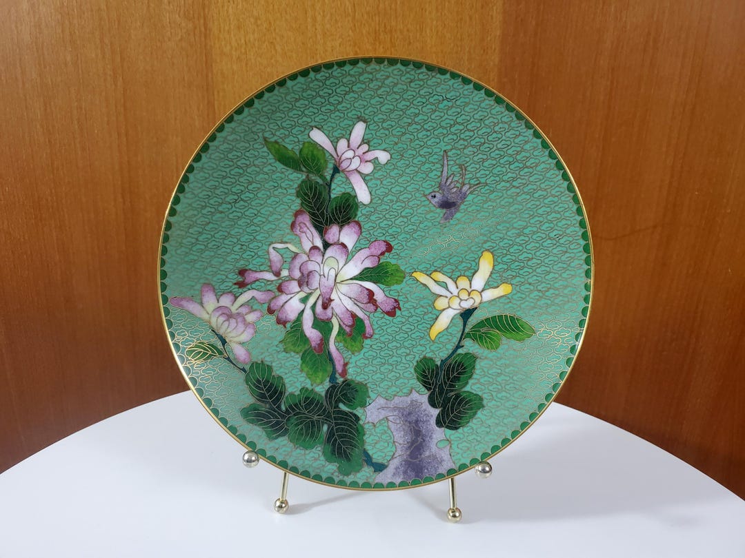 Mid Century Jingfa Brass Cloisonné Dish - Flowers and Bird on Green - Etsy