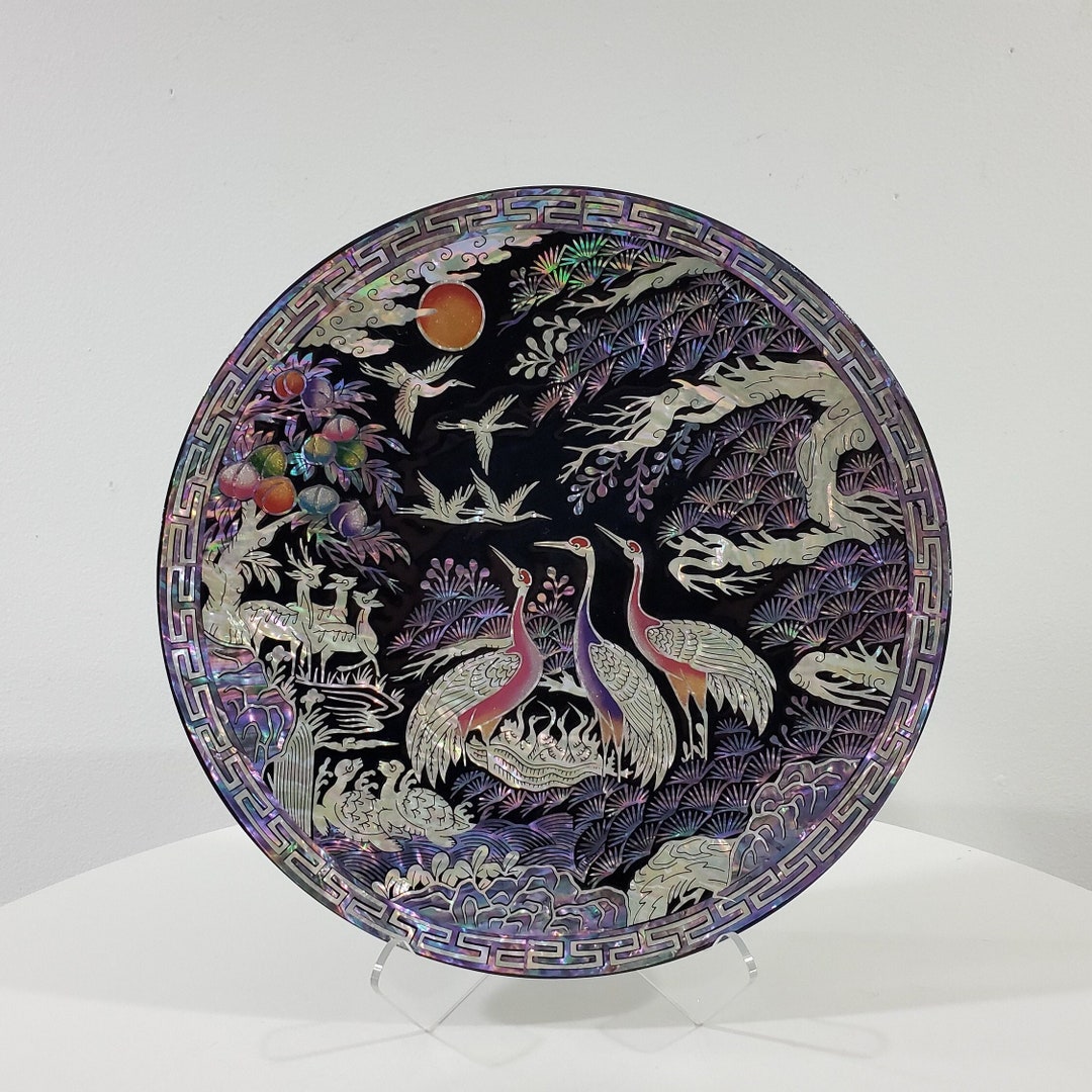 Korean Lacquerware Nacre Mother of Pearl Plate - Folk Art Cranes - 8 1/ ...