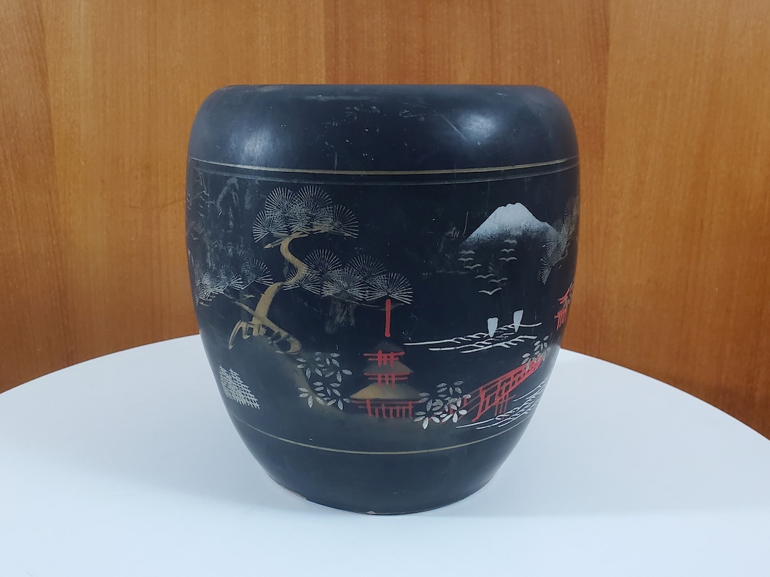 Antique Japanese Fire Bowl - Black With Pagoda, Bridge and Mount Fuji ...