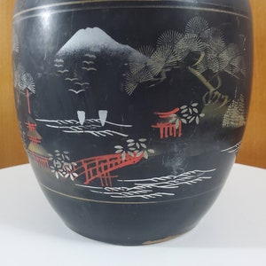 Antique Japanese Fire Bowl - Black With Pagoda, Bridge and Mount Fuji ...