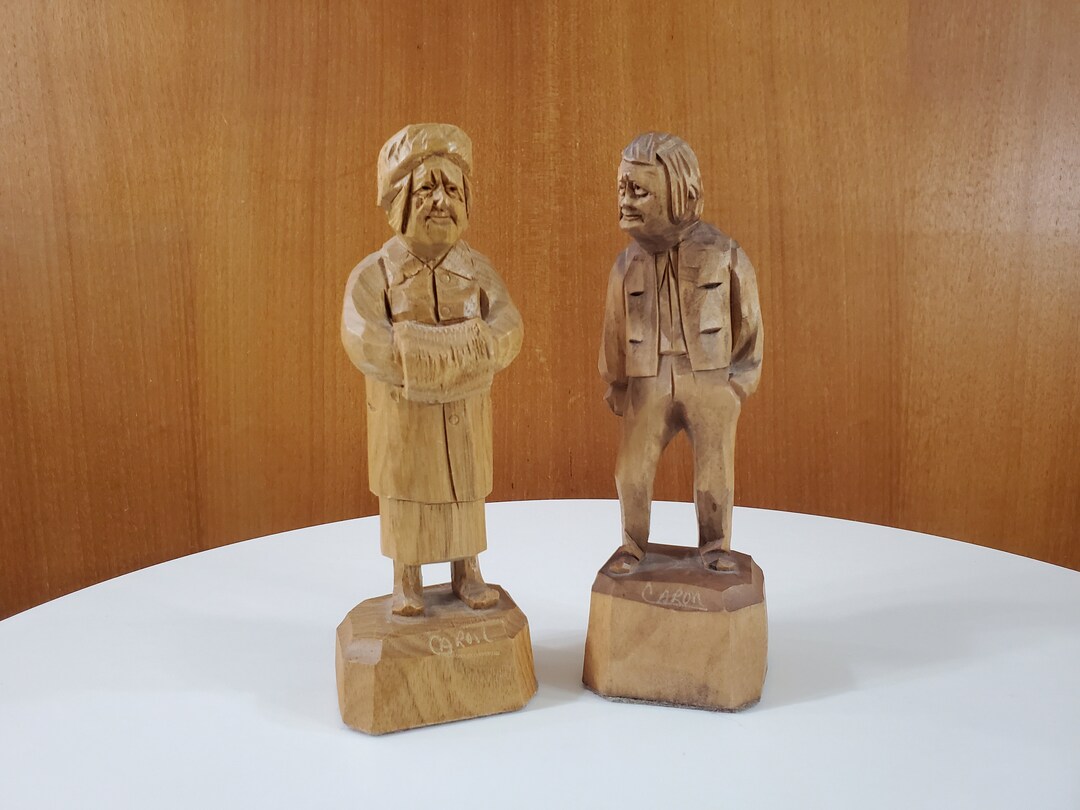 Pair Caron Flat Plane Wood Carvings of an Old Man and Old Woman ...
