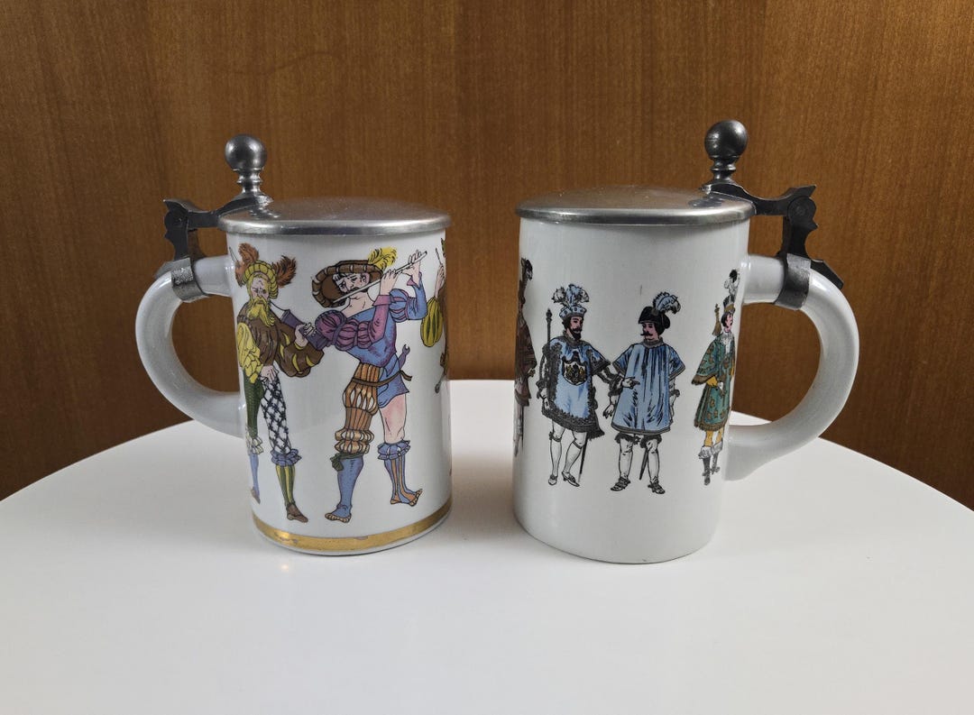 2 Vintage German Steins With Pewter Lids and Colorful Figures - Jesters ...