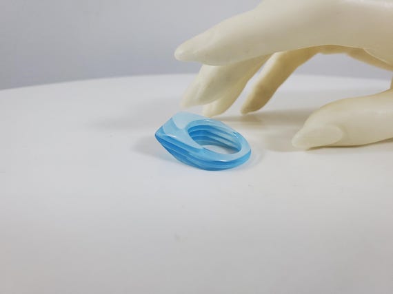 Vintage Laminated Acetate Ring - Blue and White Strip… - Gem