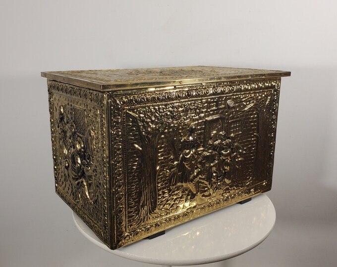 Vintage Brass and Wood Firewood Box - Kindling Holder - Repoussé ...