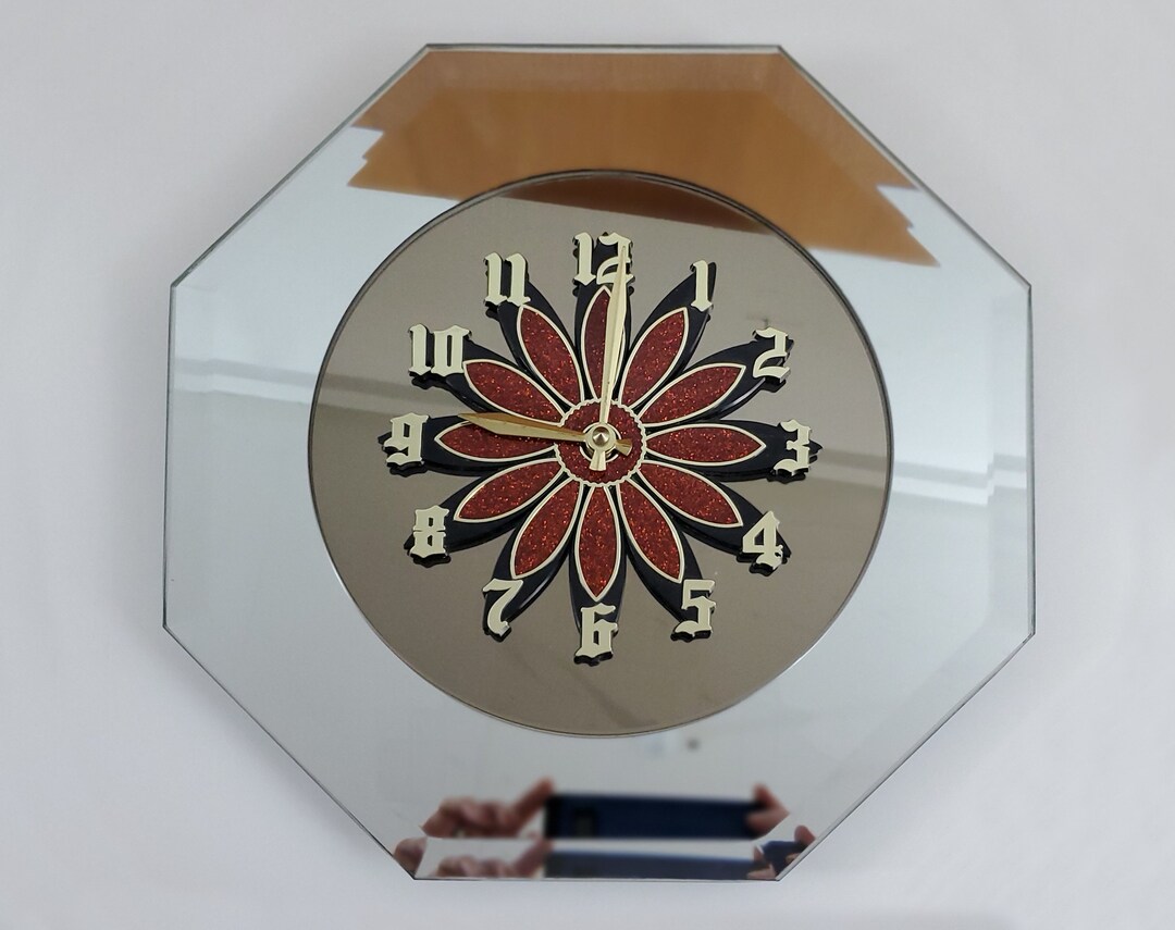 Vintage Octagonal Mirror Clock With Ramar Glitter Flower or - Etsy