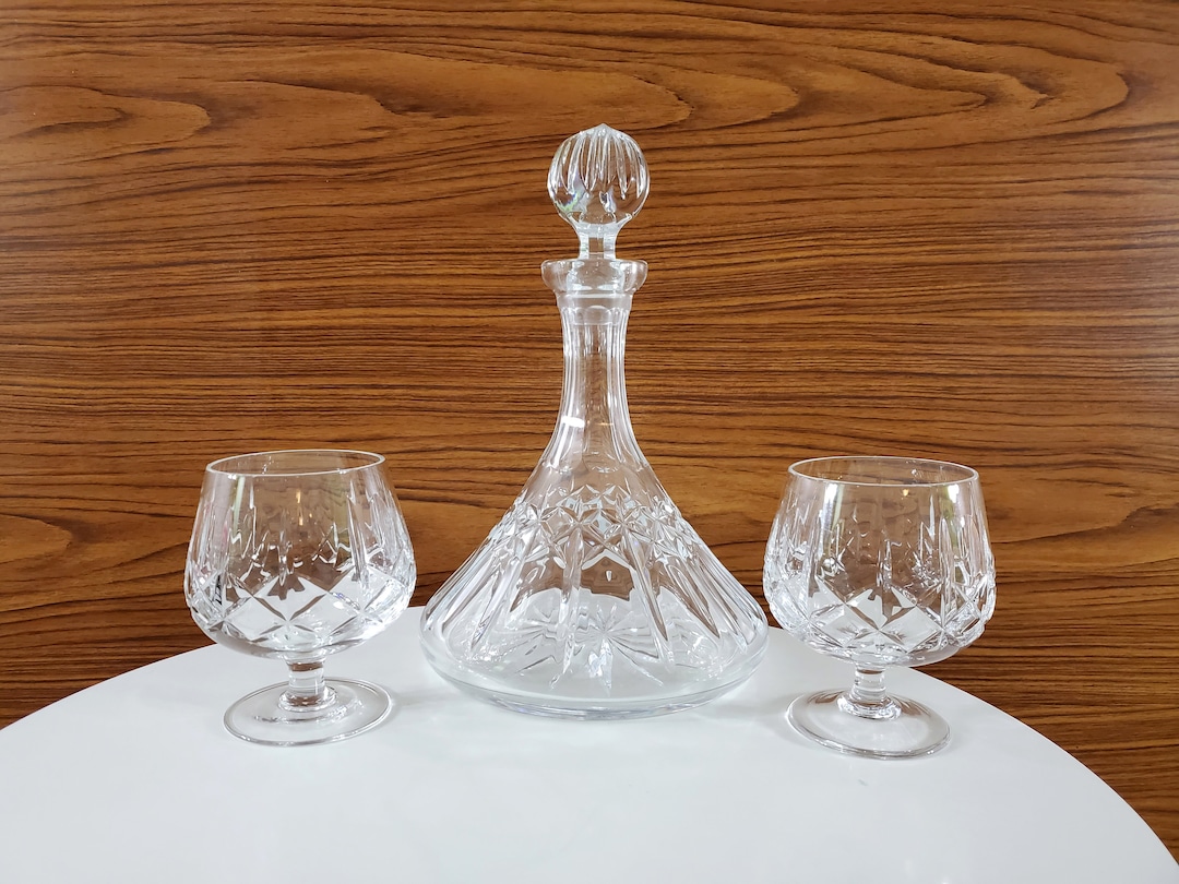 Vintage Cross and Olive Pattern Cut Glass Decanter and Crystal Brandy ...
