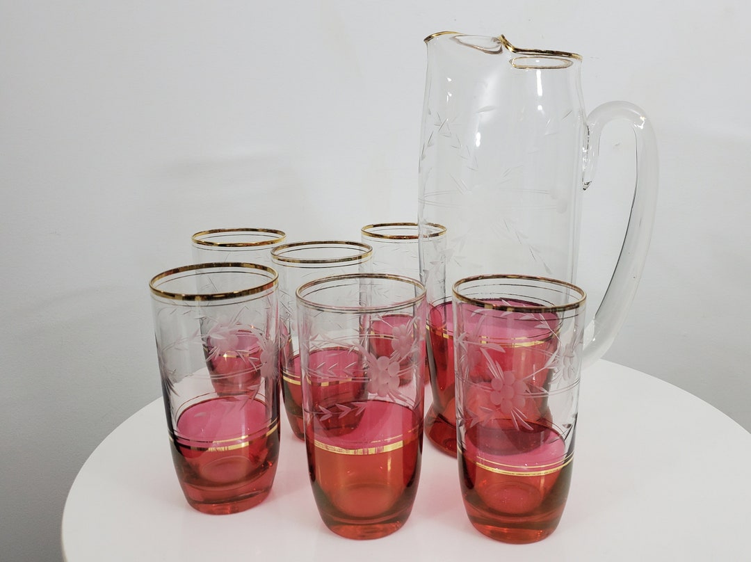 Vintage Etched Crystal Juice Pitcher With 6 Matching Glasses Gold and ...