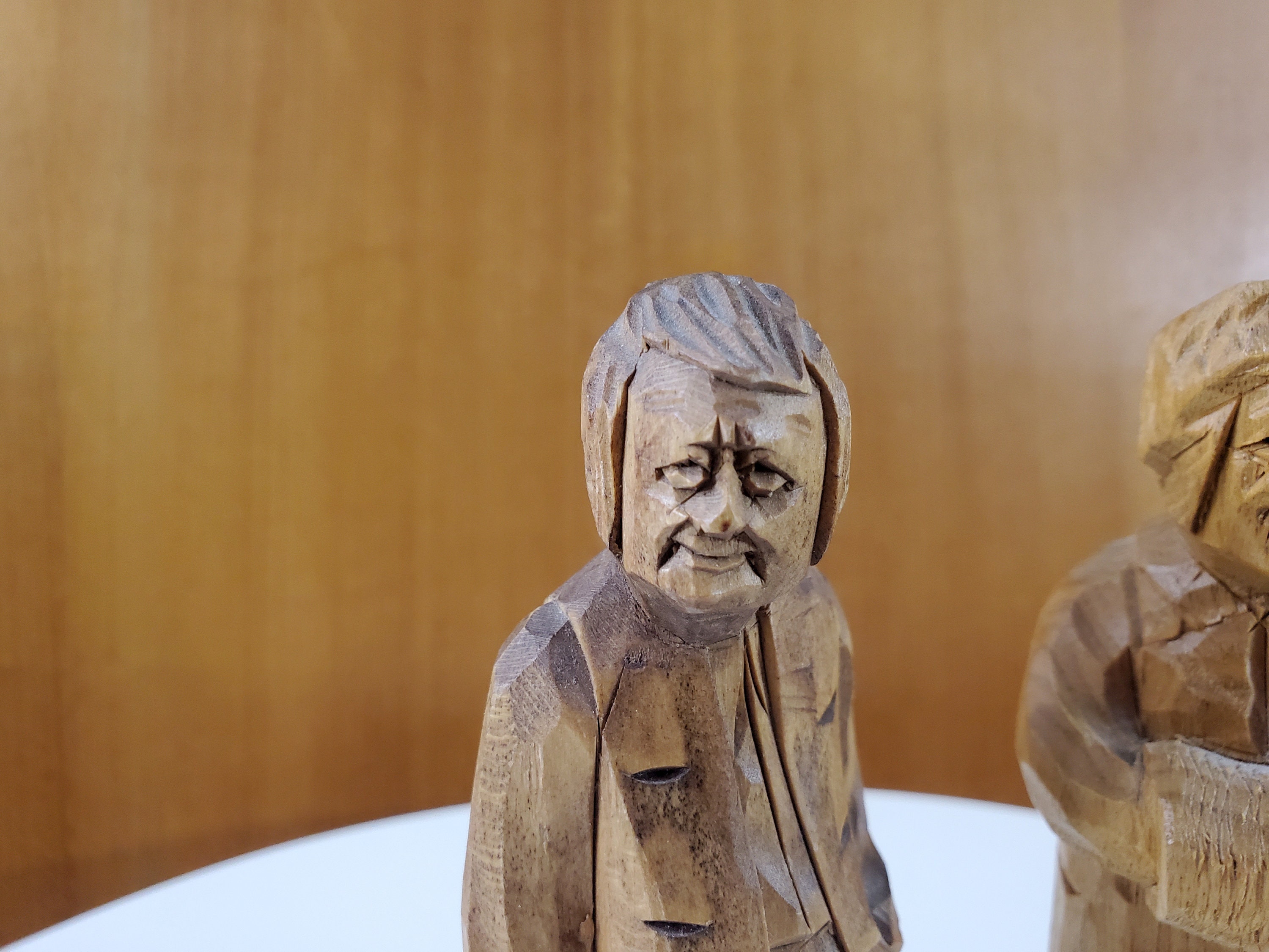 Pair Caron Flat Plane Wood Carvings of an Old Man and Old Woman ...