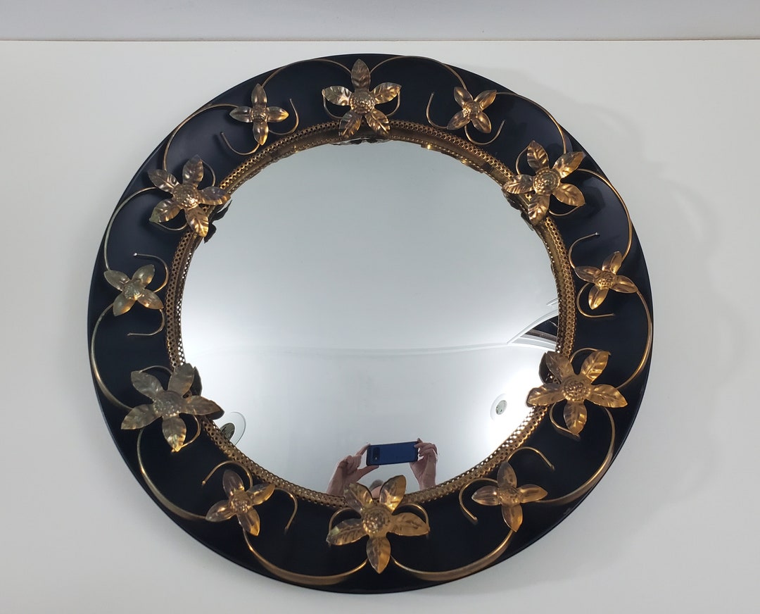 Vintage Convex Mirror With Matte Black and Copper Surround - Copper ...