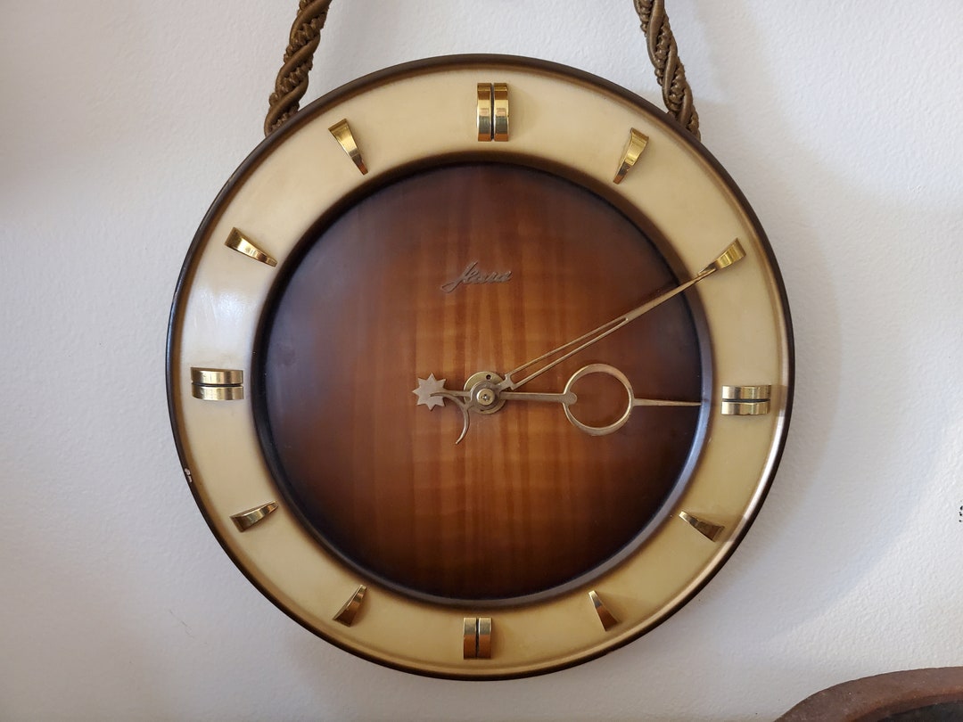 Vintage Jlaid Hanging Wall Clock Wind up Operated 7-57 Wood and Brass ...