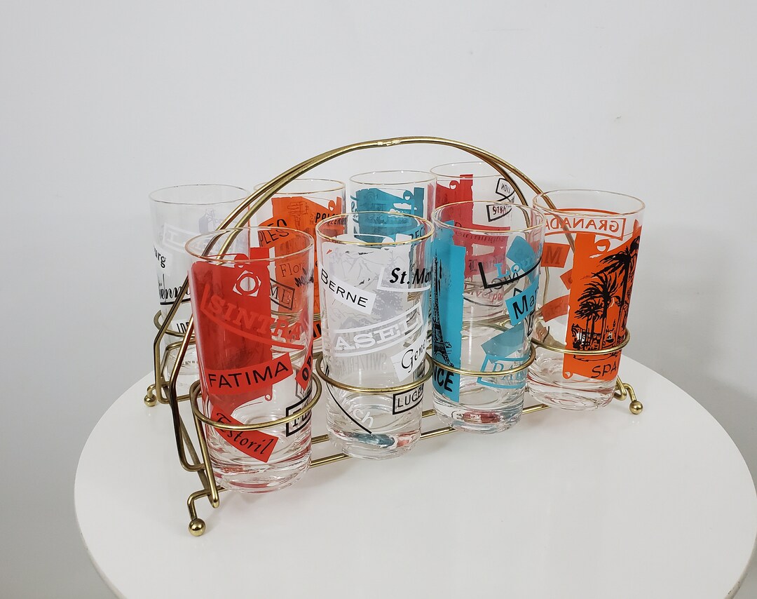 Set of 8 Highball Glasses With European Countries in Turquoise, Orange ...