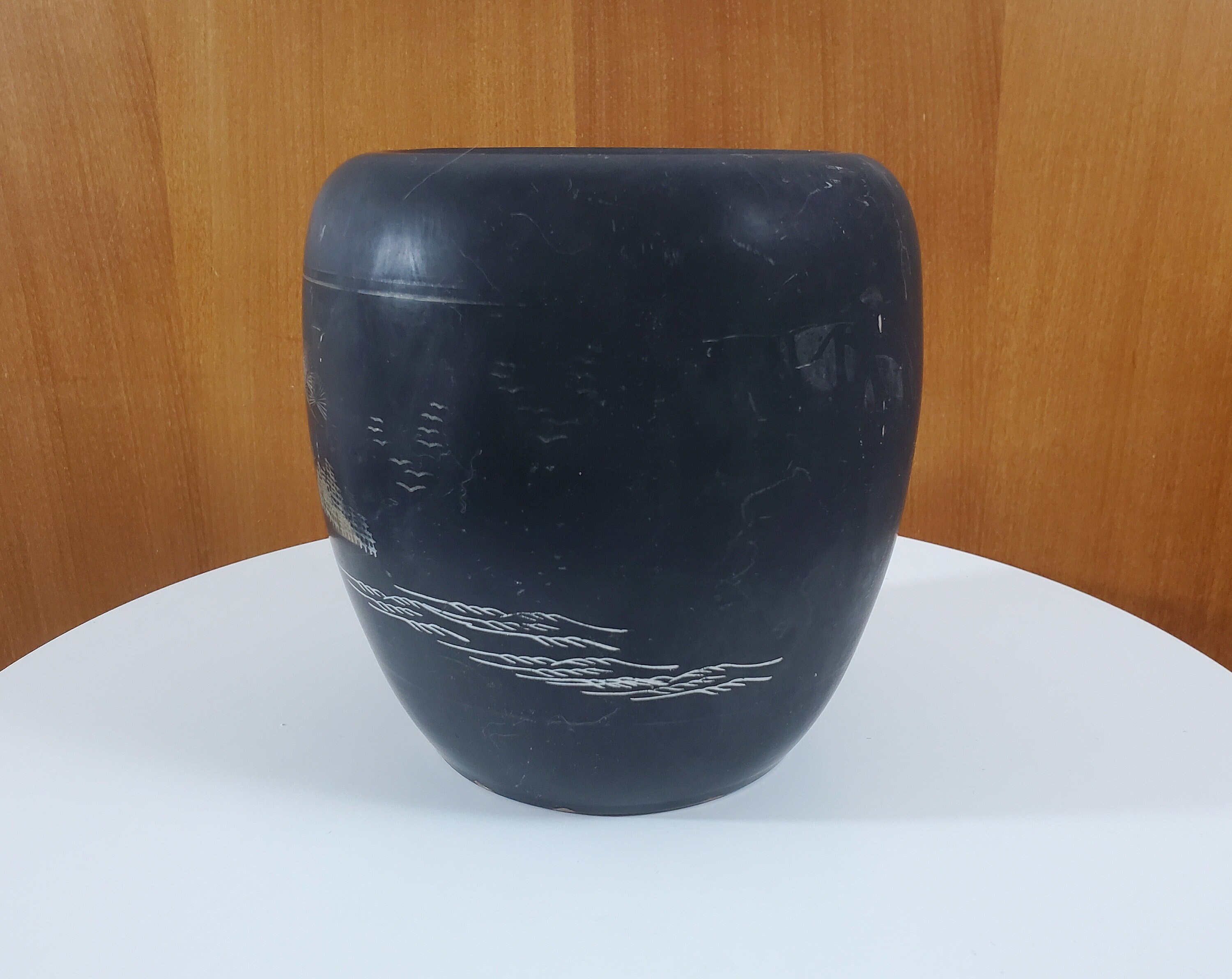 Antique Japanese Fire Bowl - Black With Pagoda, Bridge and Mount Fuji ...