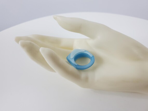 Vintage Laminated Acetate Ring - Blue and White Strip… - Gem