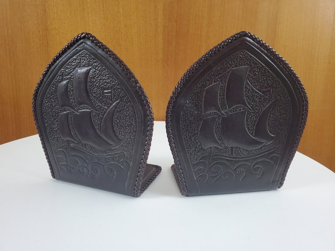 Vintage Braided Leather Bookends With Ships on Waves - Hand Made - Etsy