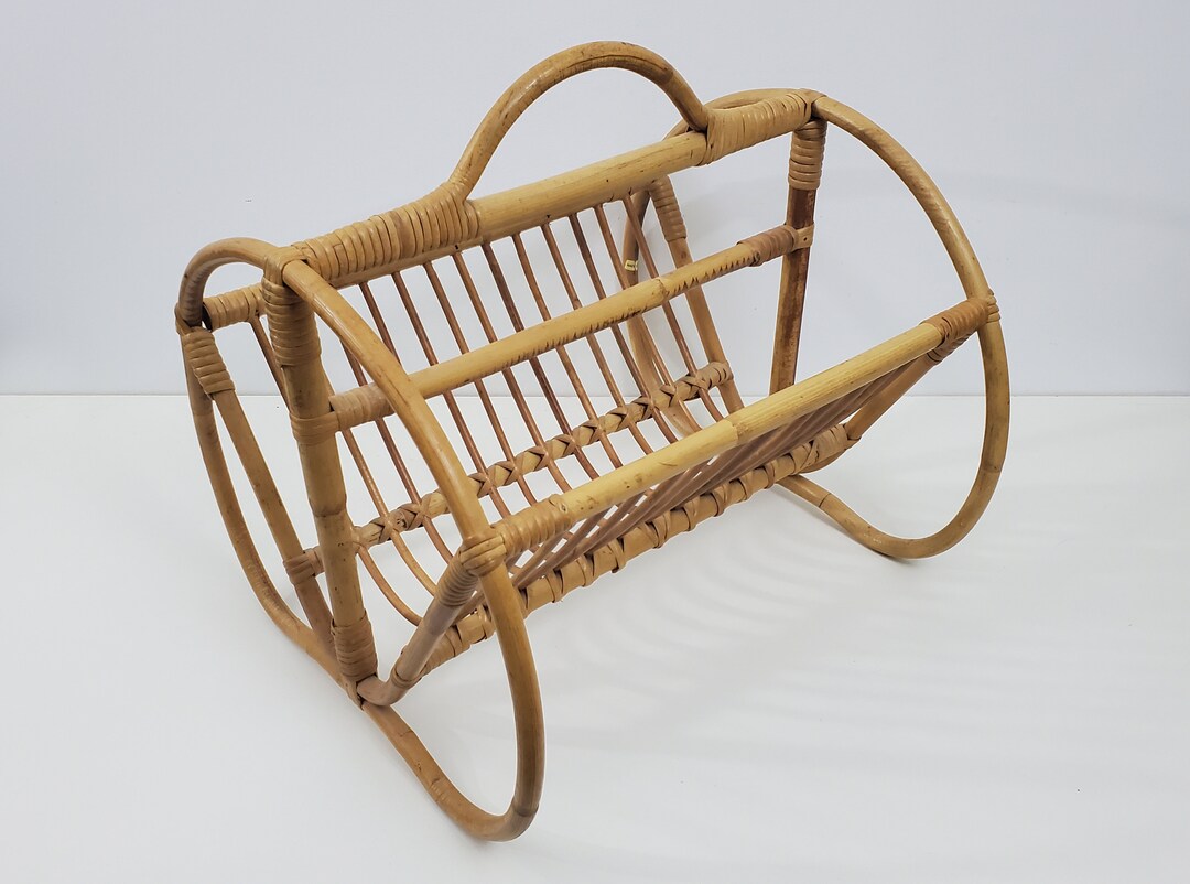 Vintage Rattan Magazine Rack - Record Holder - Round Ends - Bohemian ...