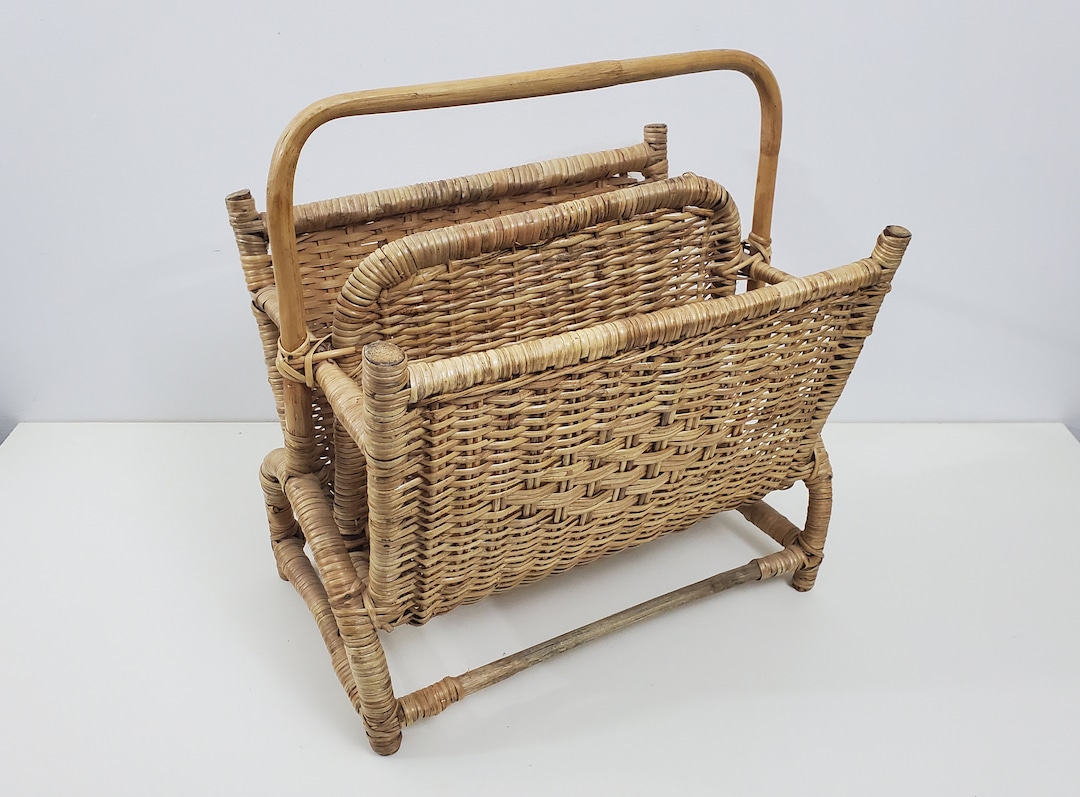 Vintage Rattan Magazine Rack - Record Holder - Bohemian Wicker Décor - Etsy