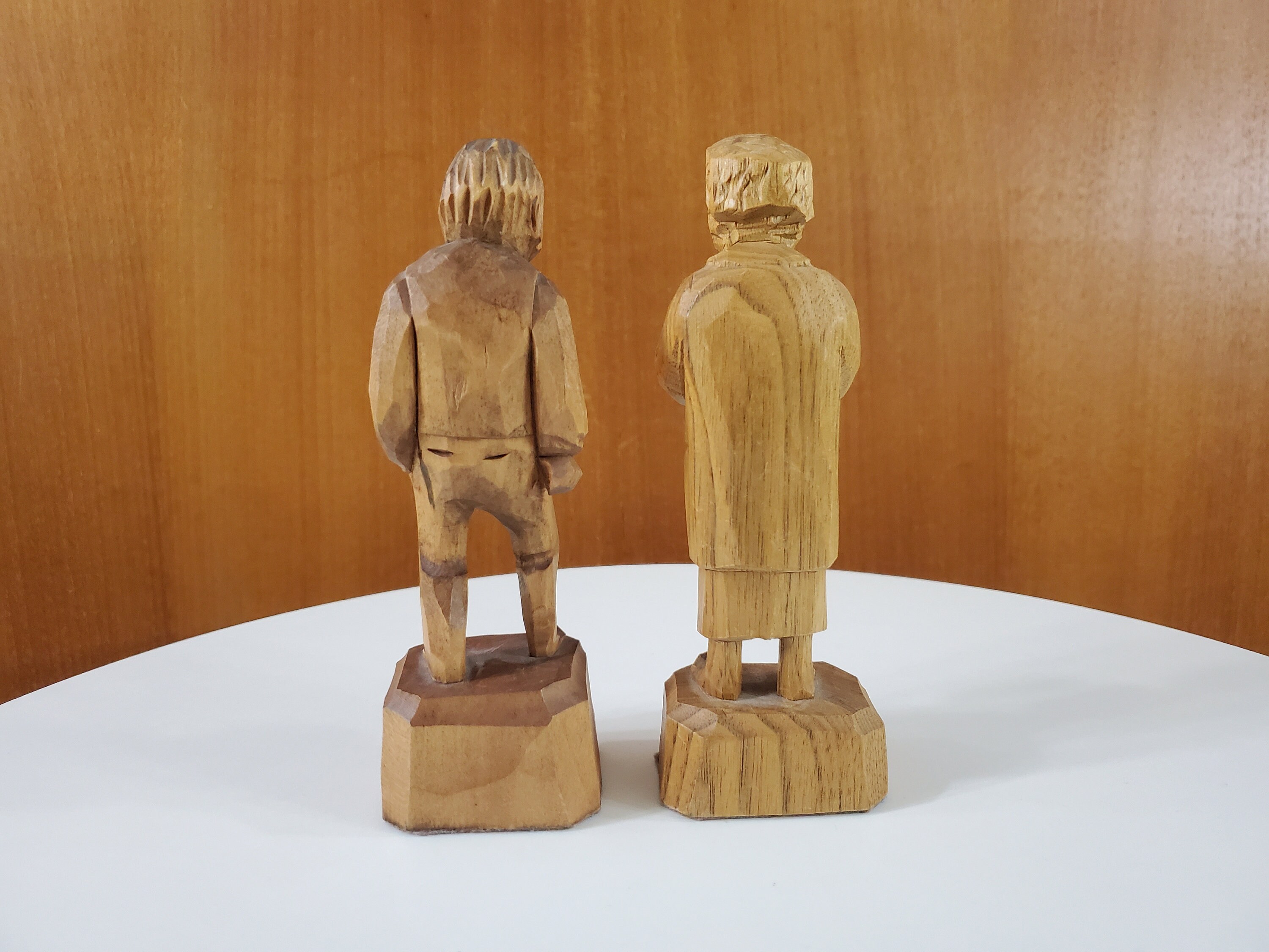 Pair Caron Flat Plane Wood Carvings of an Old Man and Old Woman ...