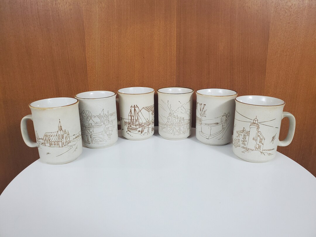 Set of 6 Coffee Mugs - Collection Manoir, 1980s - Rural Scenes in Brown ...