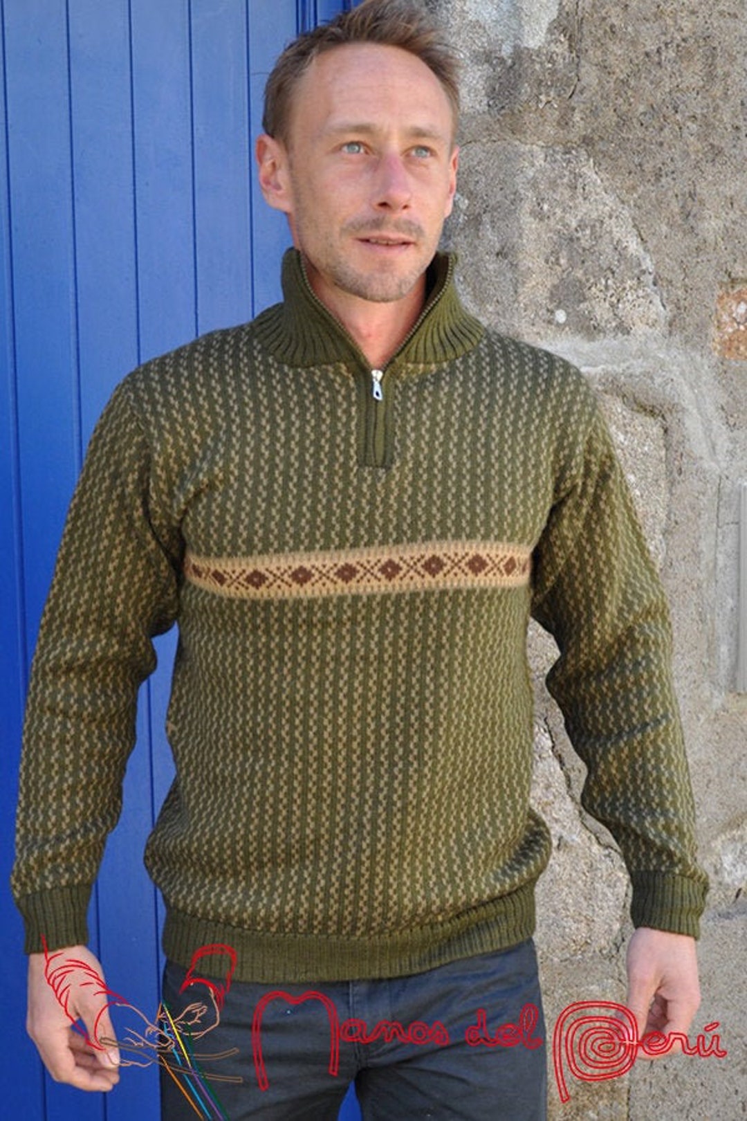 Men's Sweater, Peruvian Men's Sweater With Trucker Collar, Knitted ...