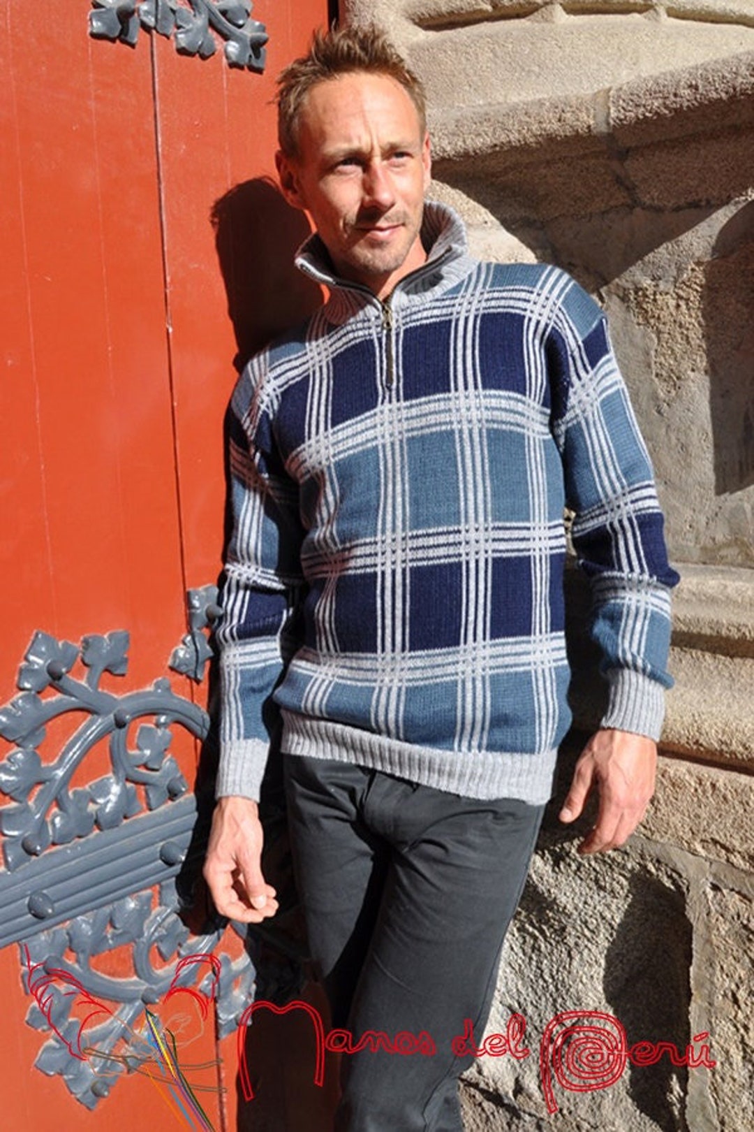 Peruvian Sweater With Checkered Patterns, Men's Trucker Sweater, Men's ...