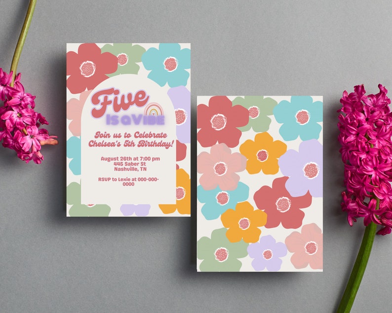 Five is A Vibe Editable Digital Invitation Template. Retro Floral ...