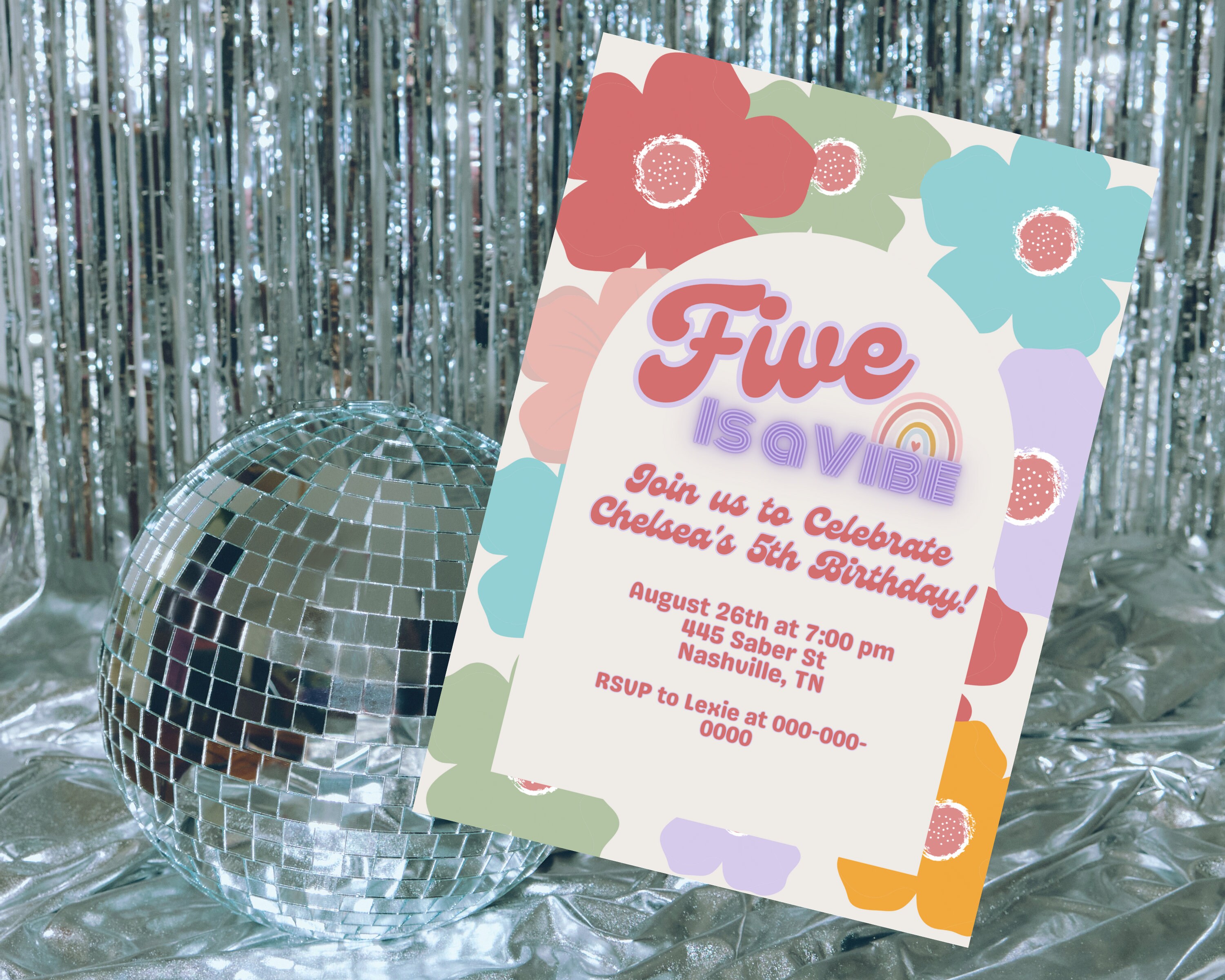 Five is A Vibe Editable Digital Invitation Template. Retro Floral ...