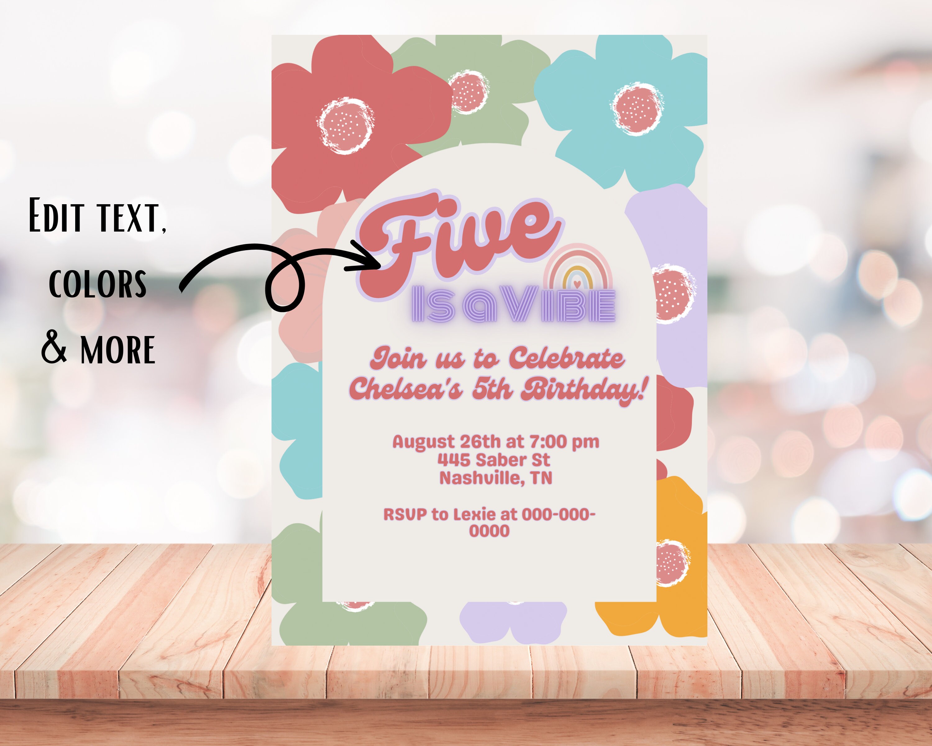 Five is A Vibe Editable Digital Invitation Template. Retro Floral ...