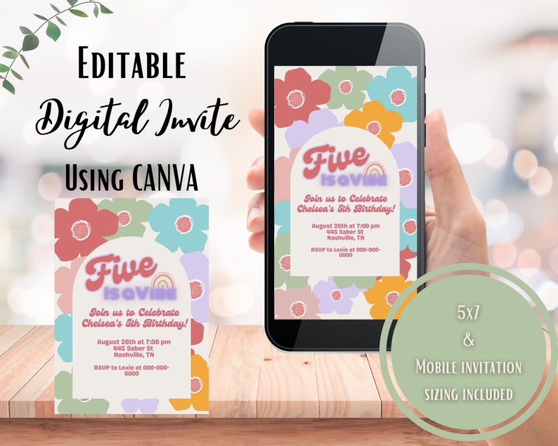 Five is A Vibe Editable Digital Invitation Template. Retro Floral ...