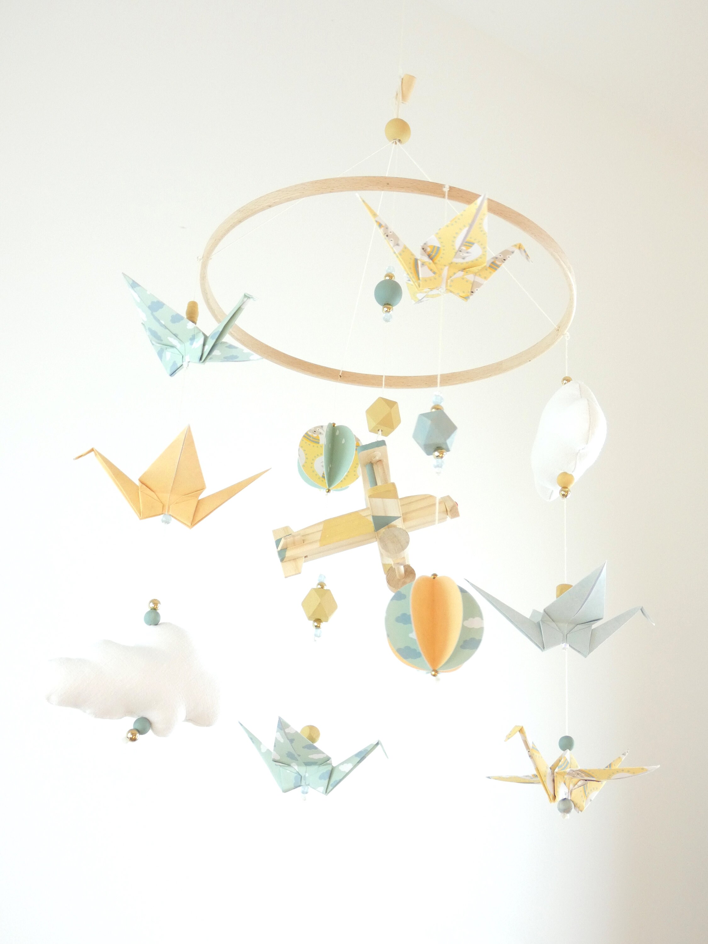 Origami Baby Mobile With Wooden Airplane Vintage Style. | Etsy