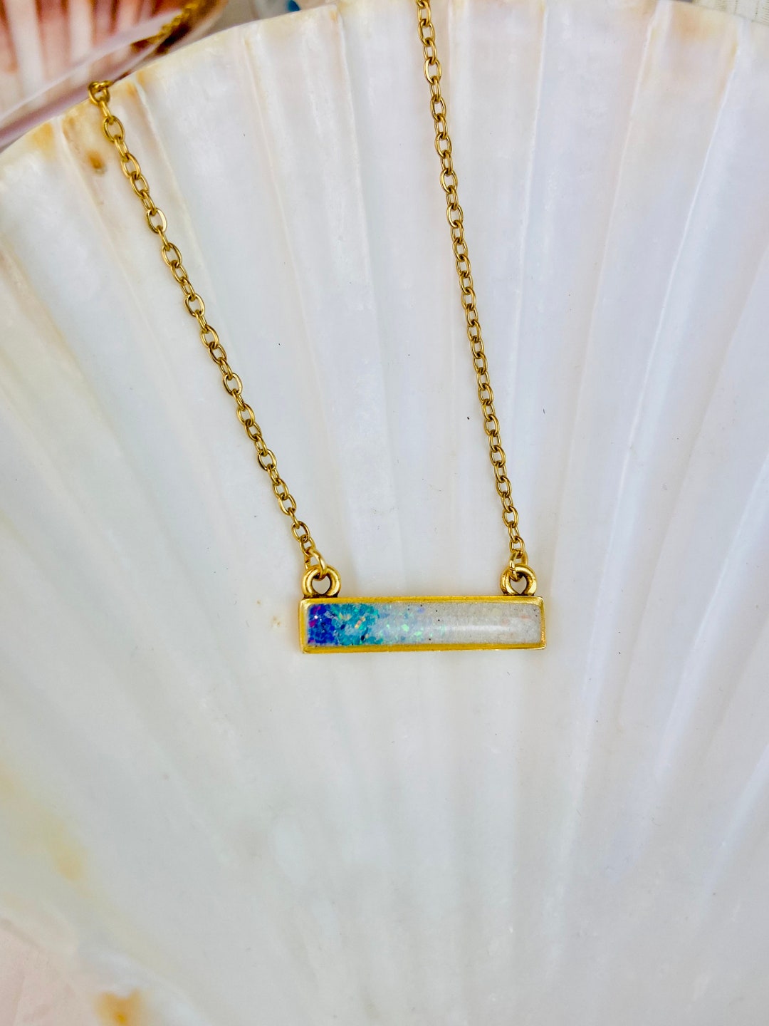 Blue Ombre Opal and Beach Sand Gold Bar Necklace, Sand and Opal Jewelry ...