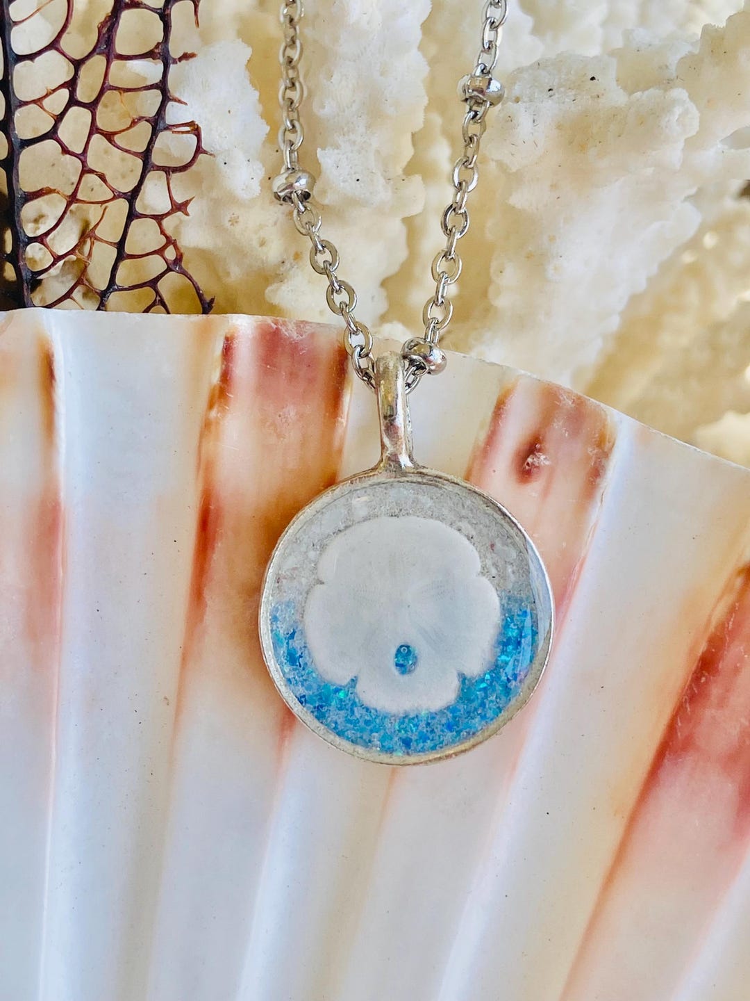 Beach Sand and Sand Dollar With Pacific Blue Opal Silver Necklace, Anna ...