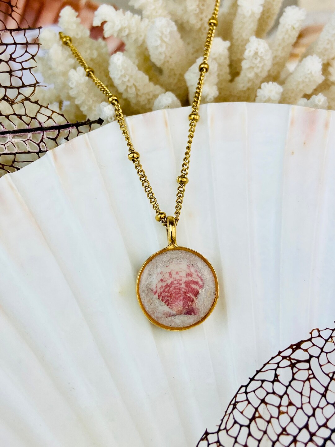 Beach Sand and Scallop Shell Gold Necklace, Anna Maria Island Florida ...