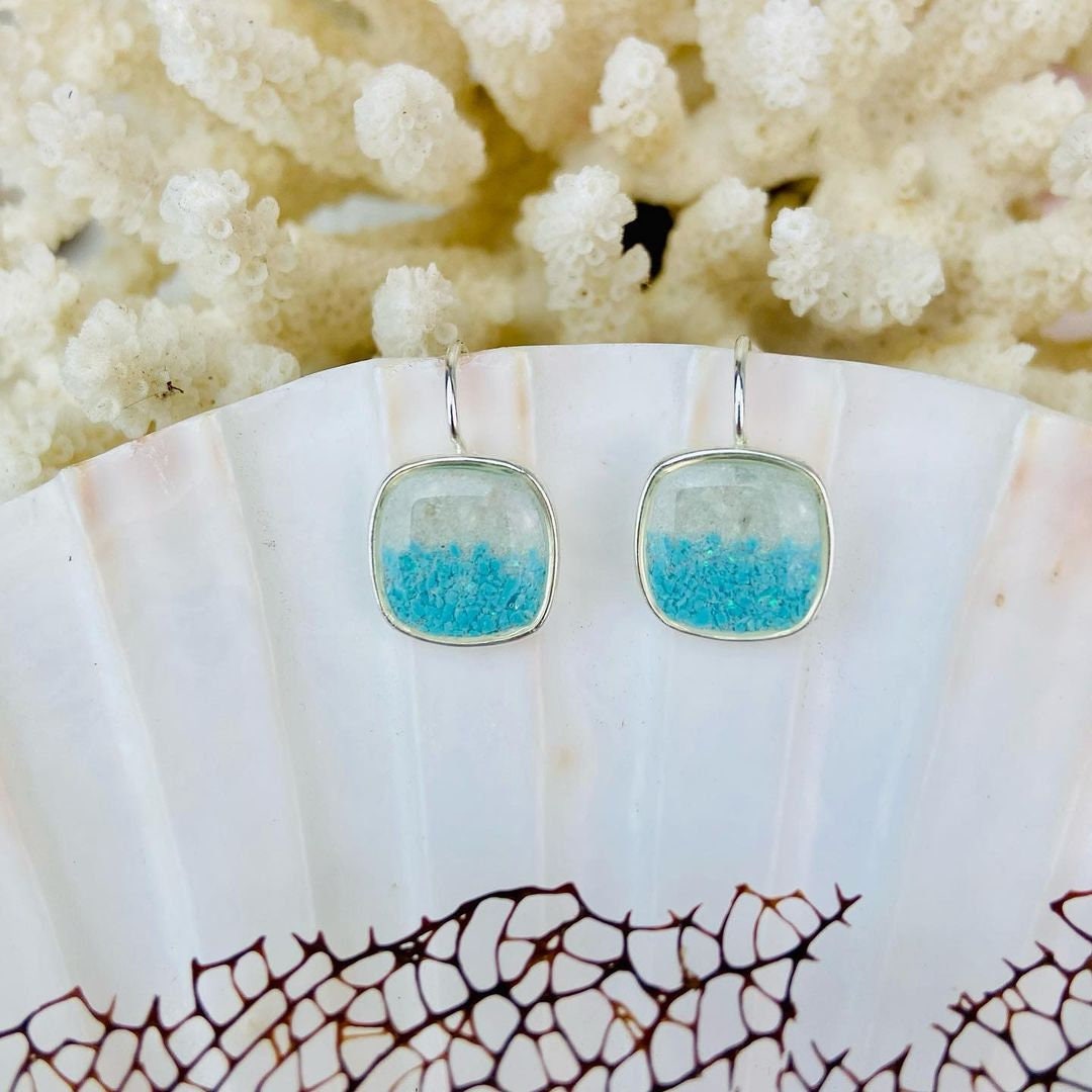 Beach Sand and 0pal of Your Choice, Silver Drop Earrings, Anna Maria Island, Fl Earrings, Resin ...