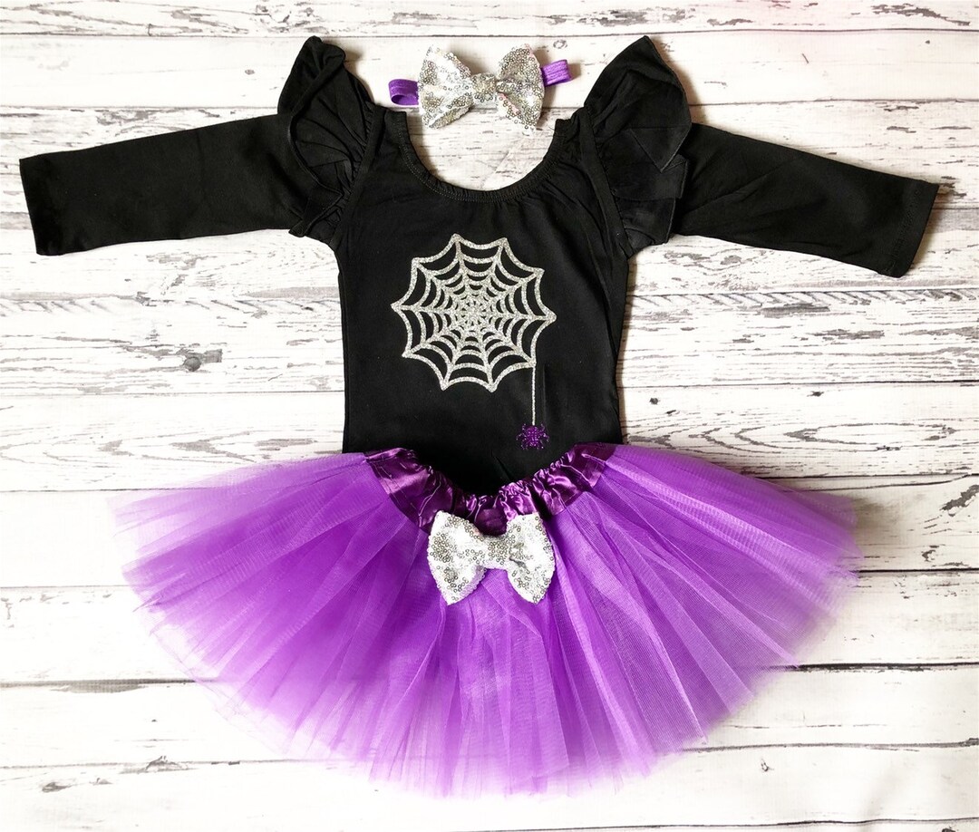 Black Fluttersleeve Sparkly Spiderweb Halloween Leotard Baby Girl ...