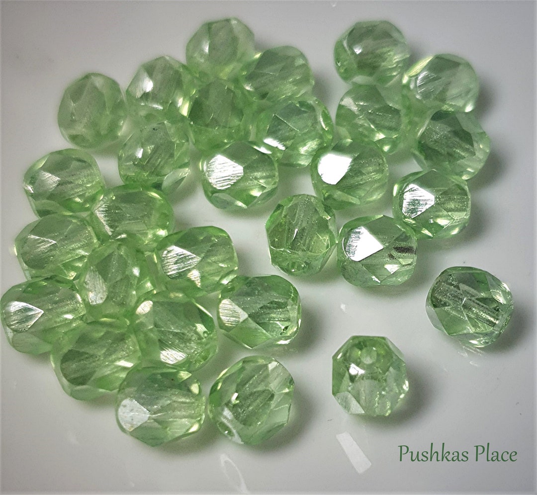 25 Czech Glass 6mm Premium Lustre Light Green Translucent Round Faceted ...