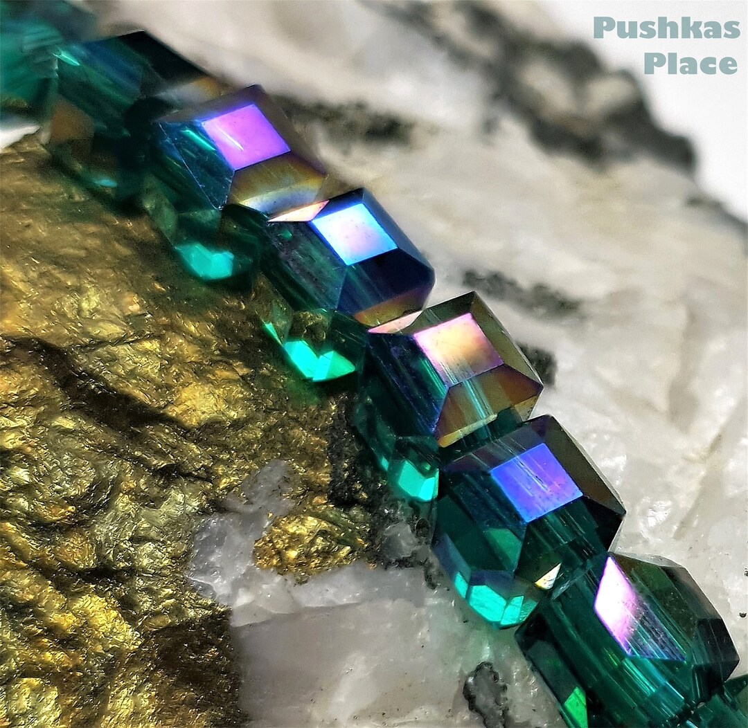 10 Stunning Teal Crystal 6mm Retro Look AB Rainbow Finish Faceted Cube ...