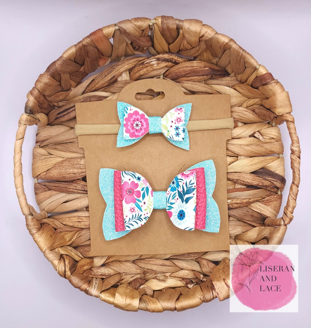 Big Sister Little Sister Matching Floral Bow Set, Faux Leather ...
