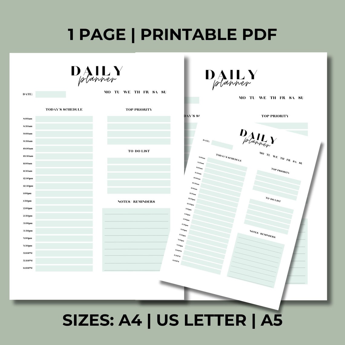 Printable Daily Planner, PDF A4, US Letter, A5 Sizes, Minimal Teal Blue ...