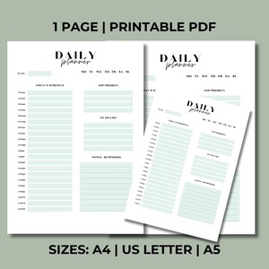 Printable Daily Planner, PDF A4, US Letter, A5 Sizes, Minimal Teal Blue ...
