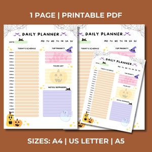 Printable Daily Planner, PDF A4, US Letter, A5 Sizes, Halloween Theme ...