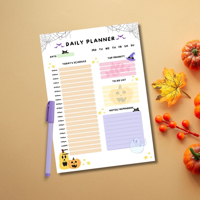 Printable Daily Planner, PDF A4, US Letter, A5 Sizes, Halloween Theme ...