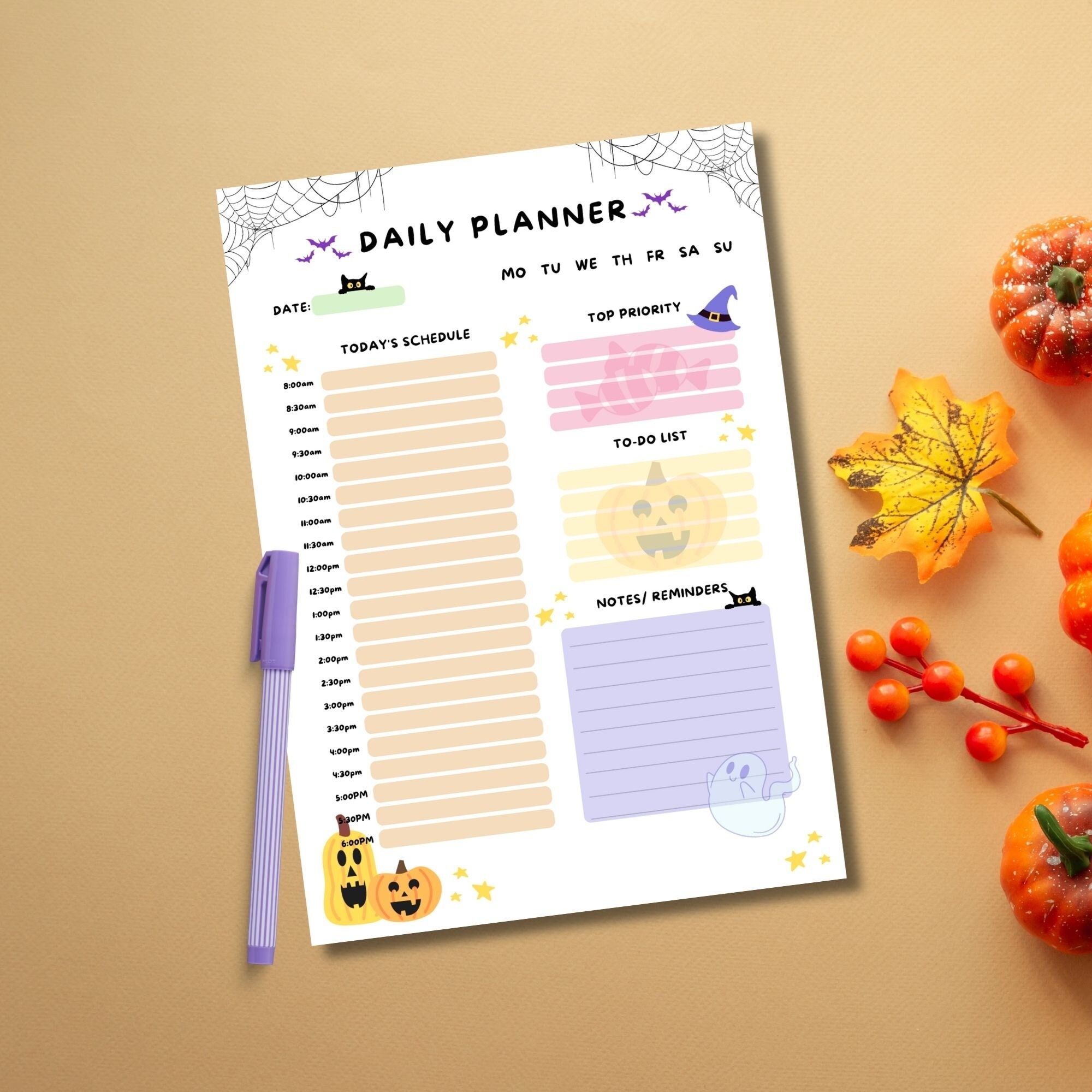 Printable Daily Planner, PDF A4, US Letter, A5 Sizes, Halloween Theme ...