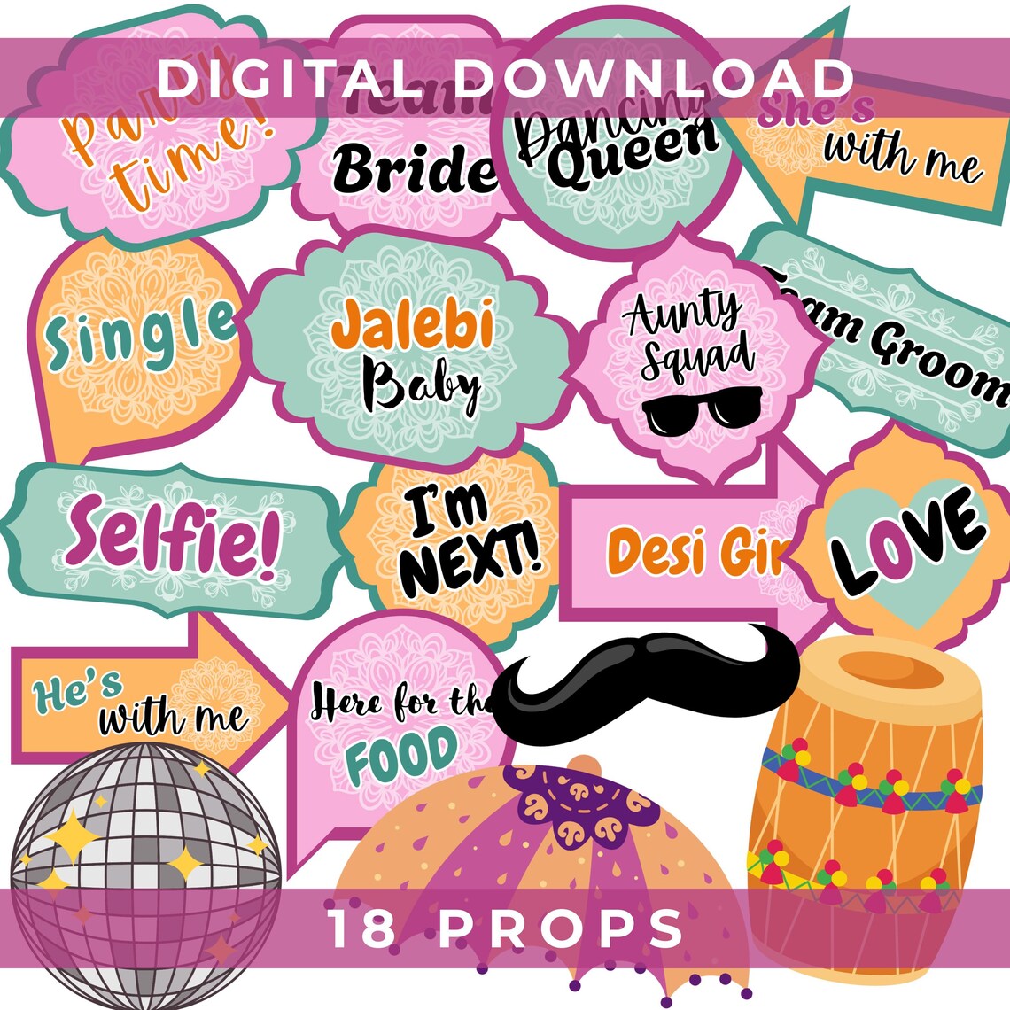 Desi Photobooth Props for Party, Wedding, Bridal Shower, Hens, Mehndi ...
