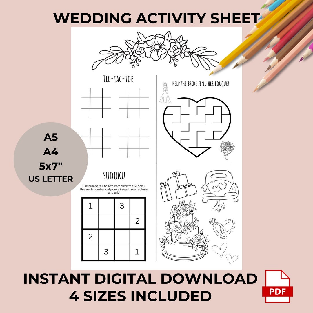 Kid's Wedding Activity Coloring Sheet Printable, A5, A4, US LETTER, 5x7 ...